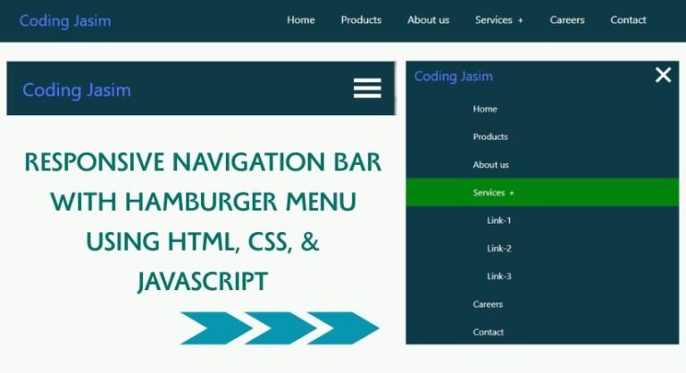 Responsive Navigation bar with Hamburger menu by using HTML, CSS & JavaScript